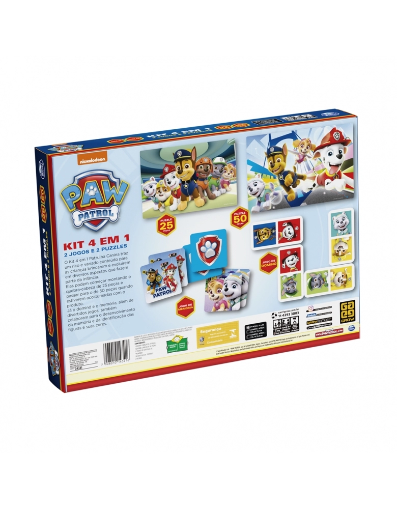 KIT 4 EM 1 PATRULHA CANINA (P. 25, P.50, JOGO DA MEMÓRIA, DOMINÓ)